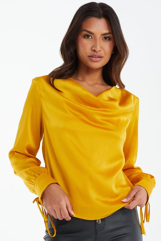 Mustard Satin Cowl Neck Blouse