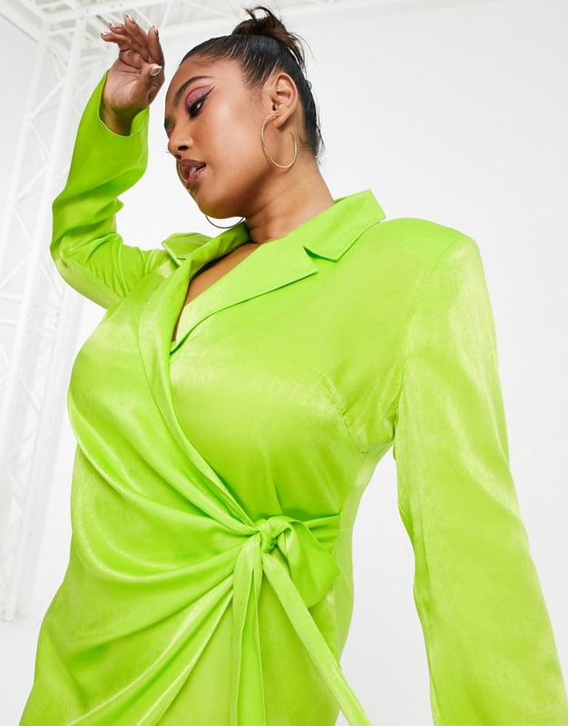 ASOS DESIGN Curve satin wrap blazer mini dress in lime-Green