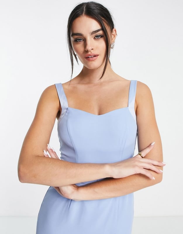 ASOS DESIGN Bridesmaid maxi dress with satin curved neckline and split ...