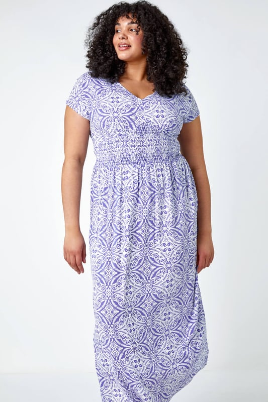 Curve Aztec Print Shirred Midi Dress