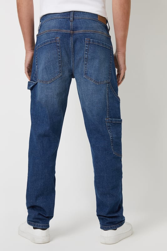 Blue Mid Wash Stretch Straight Leg Carpenter Jeans With Stretch