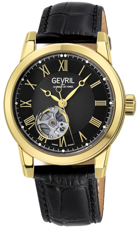 Gevril Men's Madison Black Dial Black Leather Swiss Automatic Watch