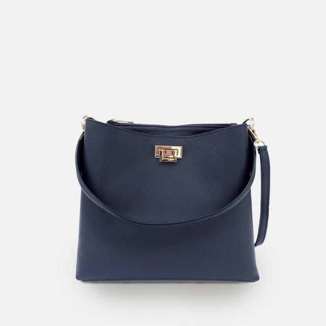 Navy Leather Tote Bag With Navy Boho Strap