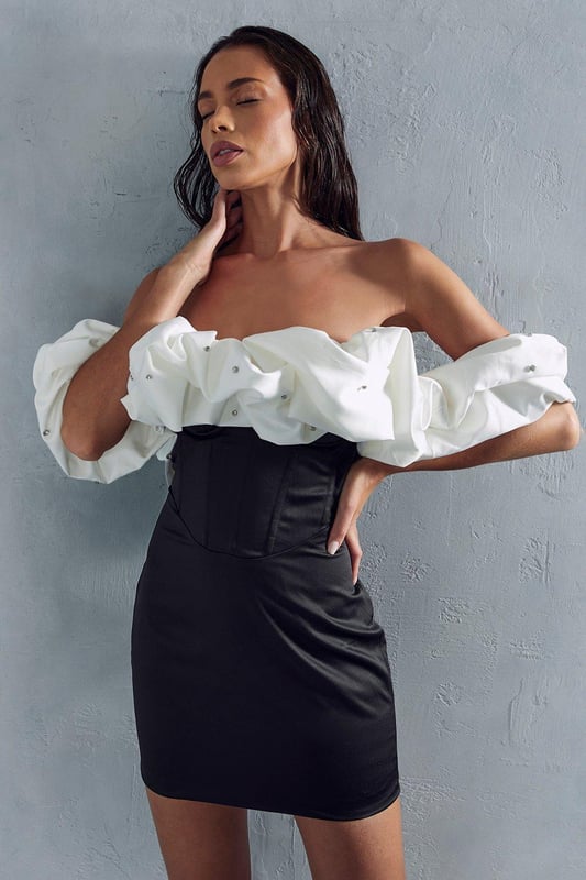 Diamante Embellished Contrast Frill Bardot Bodycon Dress