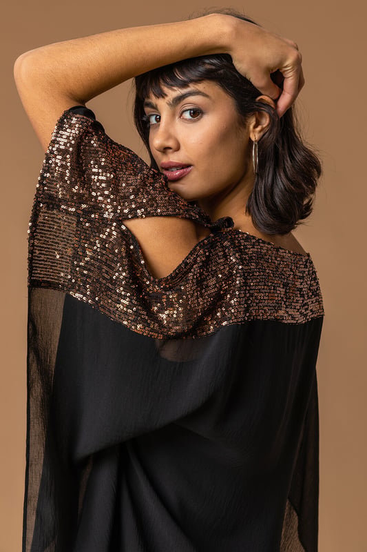 Sequin Embellished Chiffon Overlay Top