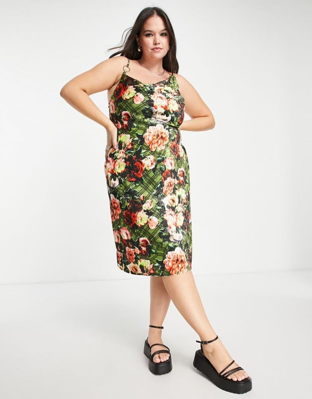 COLLUSION Plus cowl neck velvet floral printed midi dress in multi
