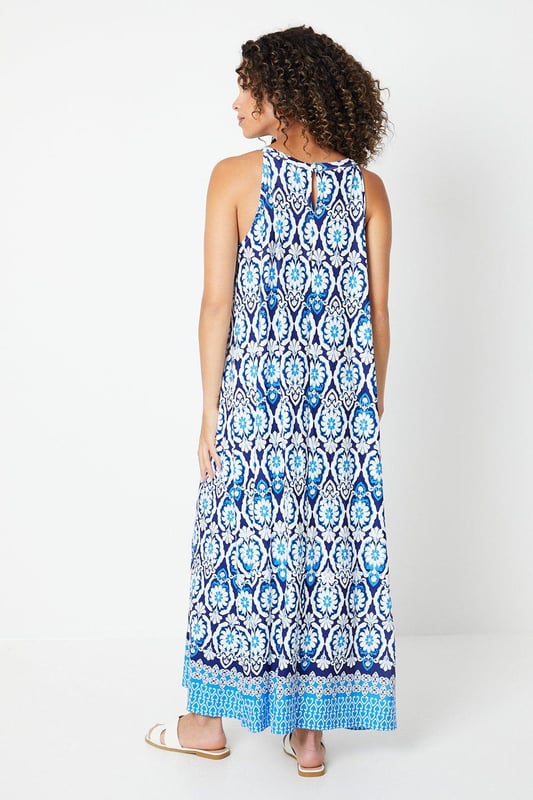 Tall Geo Border Print Jersey Halter Maxi Swing Dress