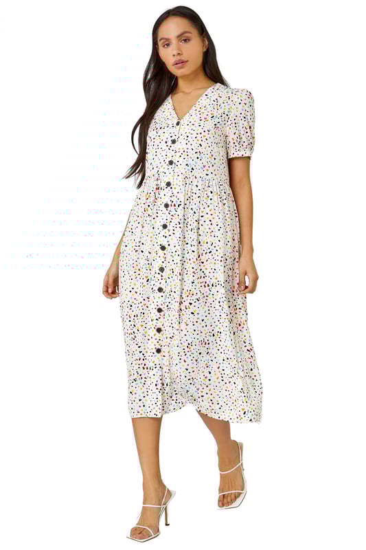 Ditsy Spot Print Button Down Dress
