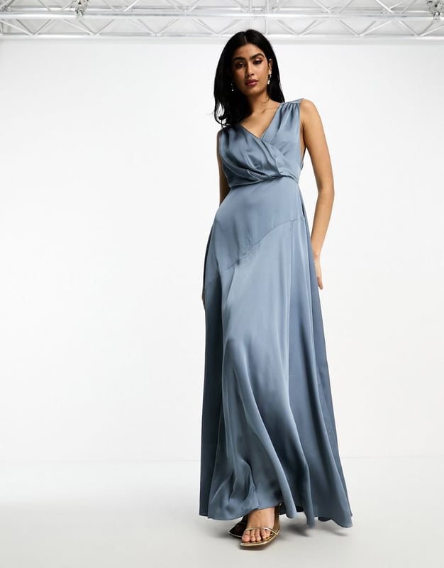 ASOS EDITION satin maxi dress with wrap bodice in dusky blue