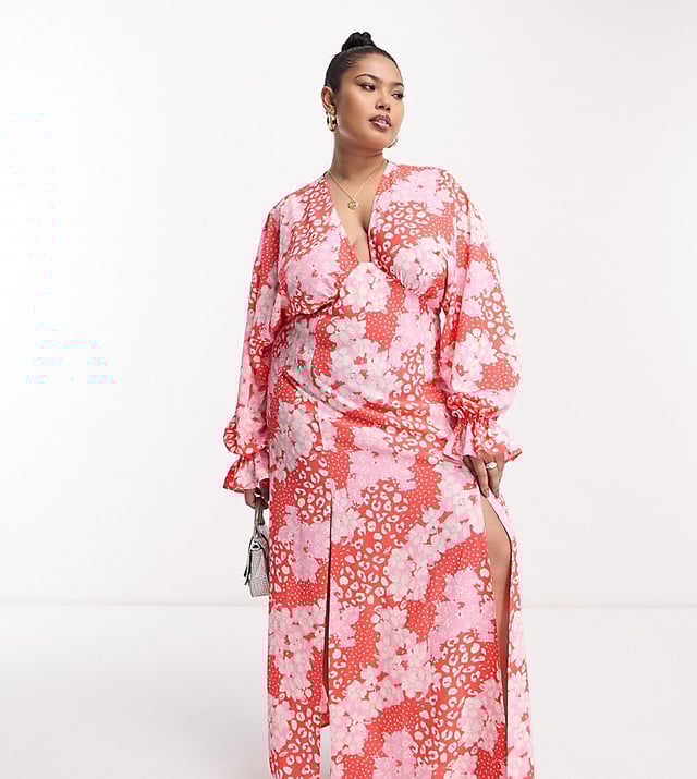 ASOS DESIGN Curve plunge batwing maxi dress in pink splice print-Multi