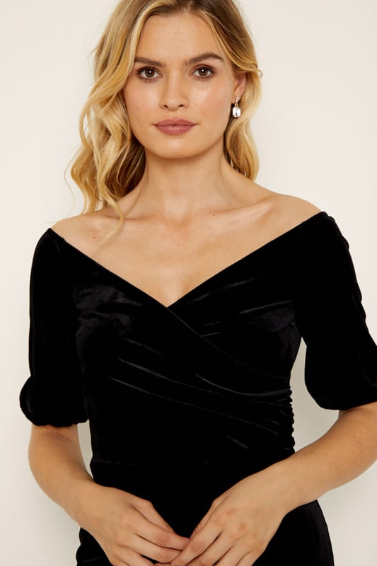 Black Velvet Cross Over Bardot Dress