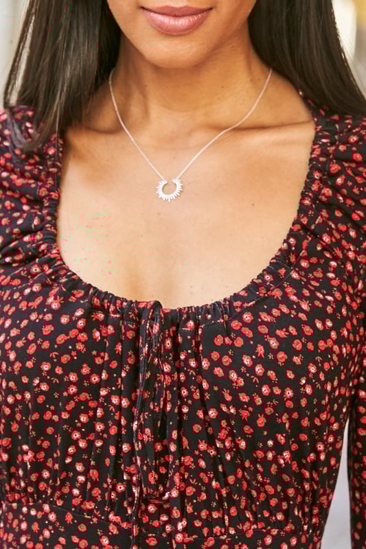 Black & Red Ditsy Floral Print Ruched Neck Top