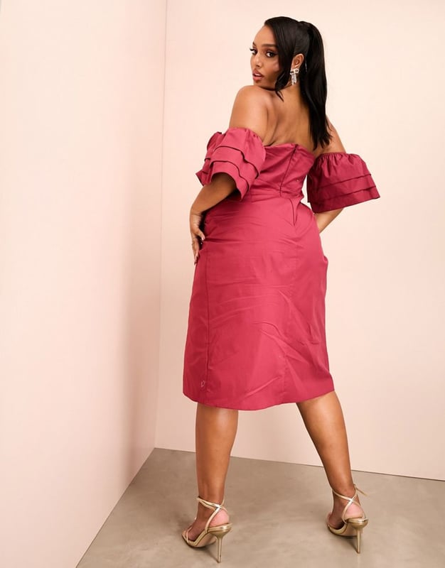 ASOS LUXE Curve bardot corsage sleeve poplin midi dress in oxblood-Orange