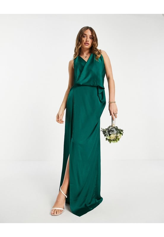 TFNC satin wrap maxi dress in emerald green - DGREEN
