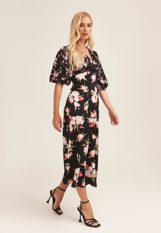 Black Floral Print Mix And Match Midi Dress