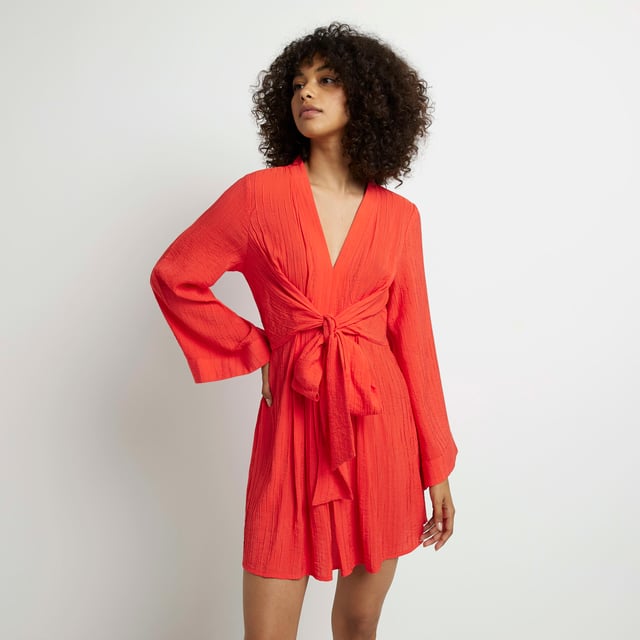 River Island Womens Mini Dress Red Textured Long Sleeve