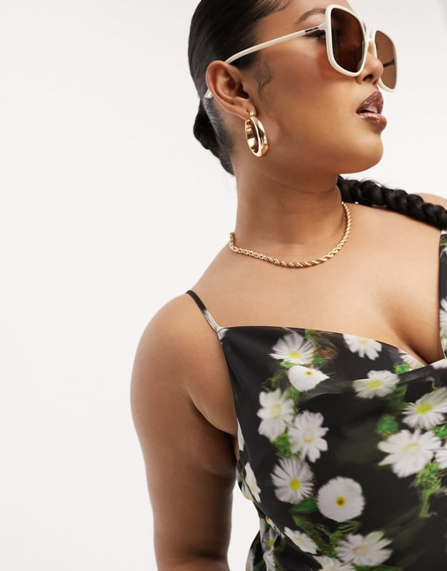 Asos Design Curve Chiffon Cowl Neck Midi Slip Dress In Blurred Floral