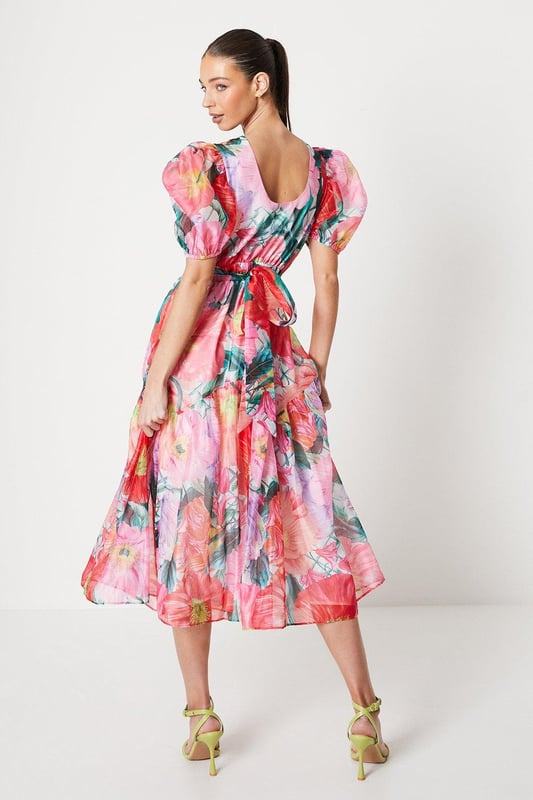 Floral Organza Puff Sleeve Midi Dress