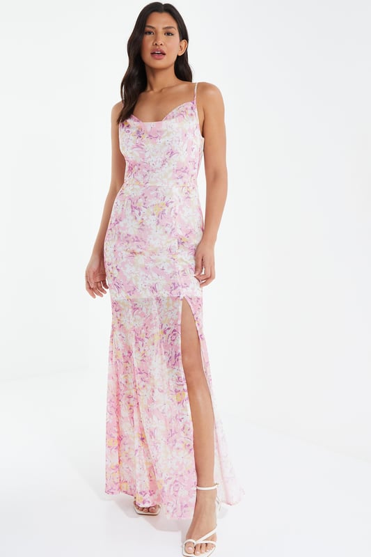 Pink Floral Mesh Maxi Dress