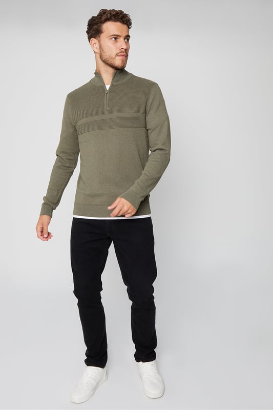 Khaki 'Foxwood' Rib Detail Crew Neck Quarter Zip Jumper
