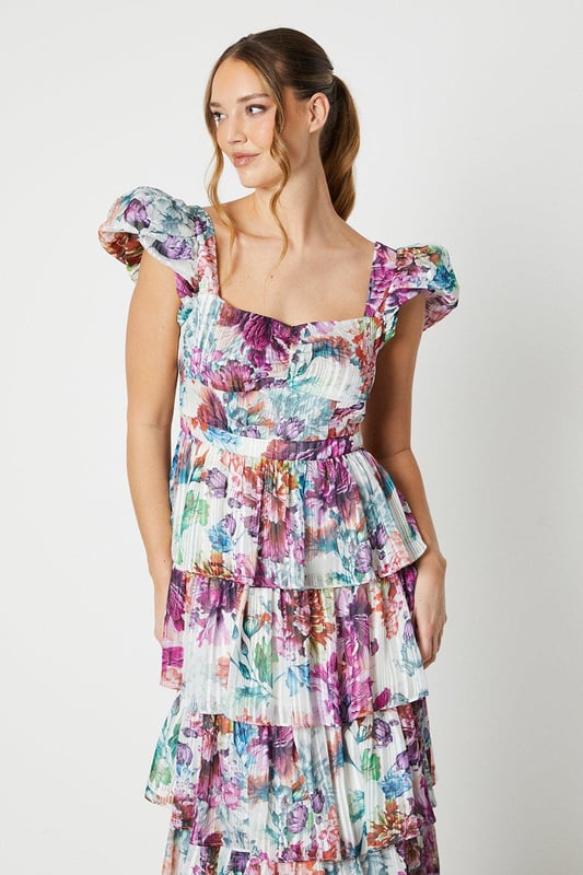 Floral Stripe Organza Layered Ruffle Dress