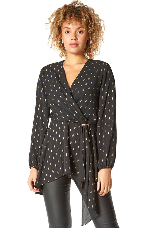 Metallic Polka Dot Print Cross Over Top