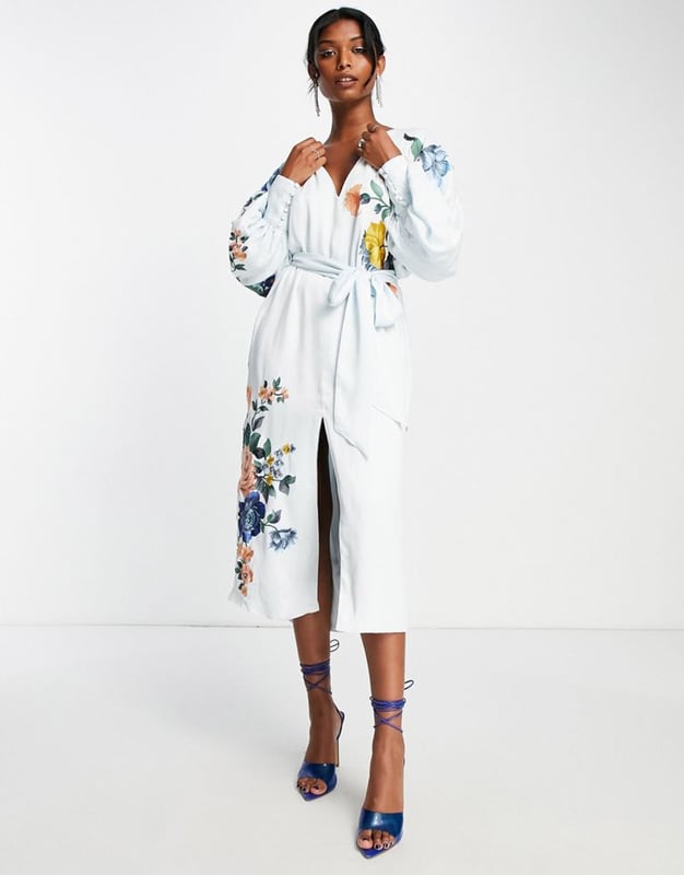 ASOS EDITION embroidered satin belted v neck midi dress in pale blue
