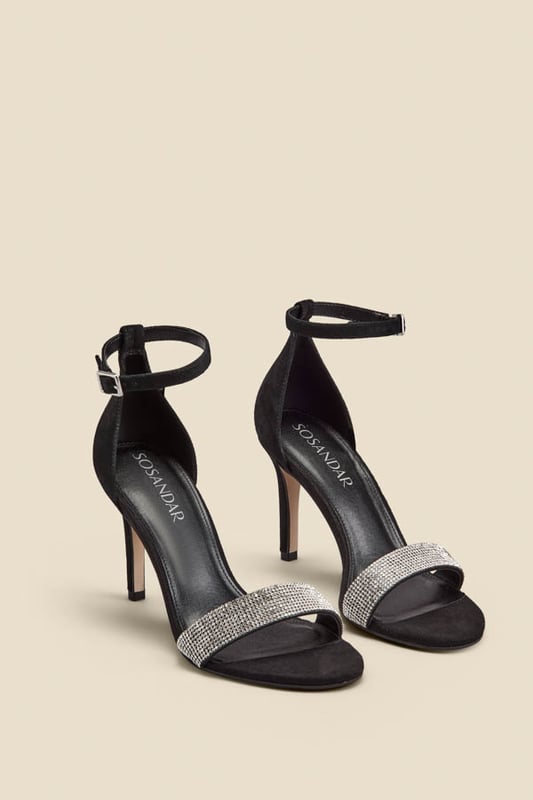 Black Suede Diamante Strap Barely There High Heel Sandal