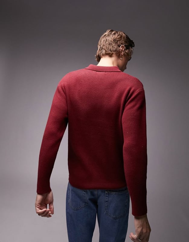 Topman knitted rib polo in burgundy-Red