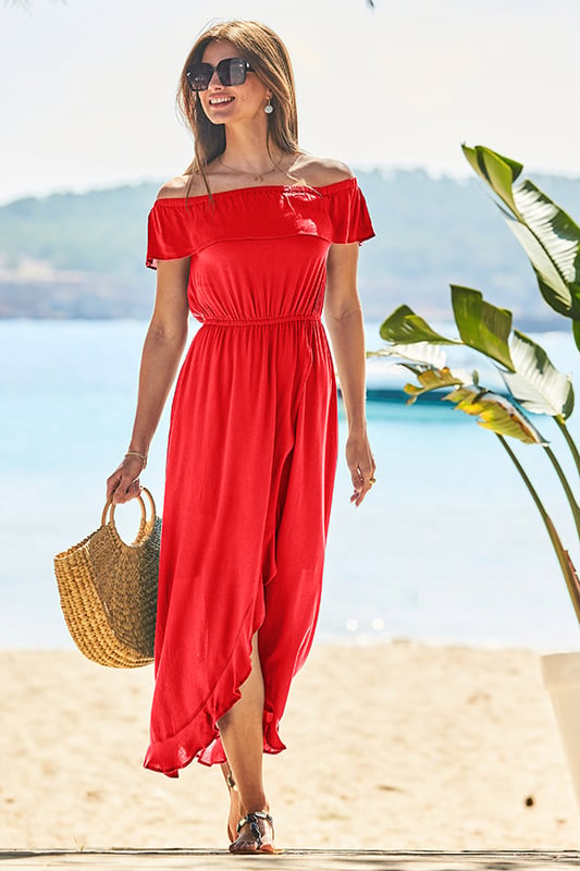 Red Ruffle Detail Side Split Bardot Dress