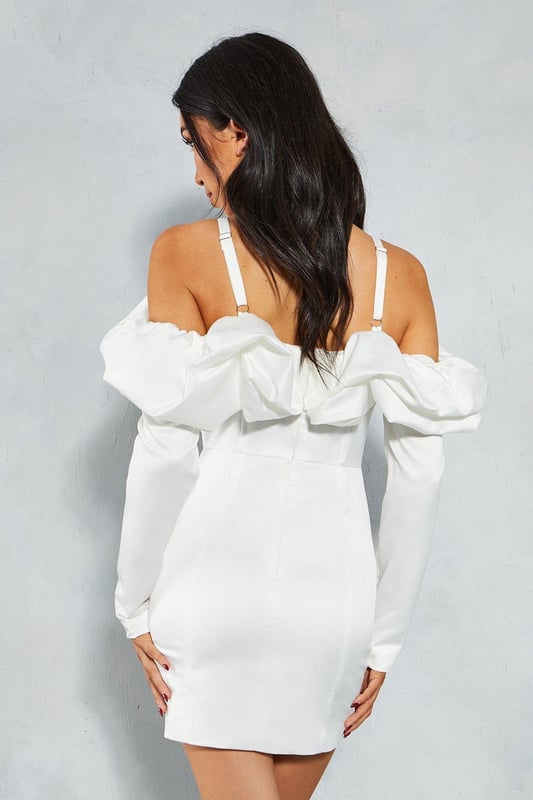 Frill Sleeve Bardot Strap Detail Bodycon Mini Dress