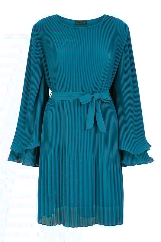 Mela Teal Pleated Dress With Double Fluted Long Sleeves