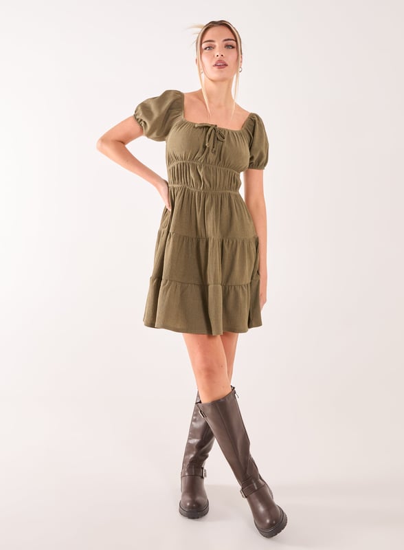 Crinkle Puff Sleeve Tiered Mini Dress