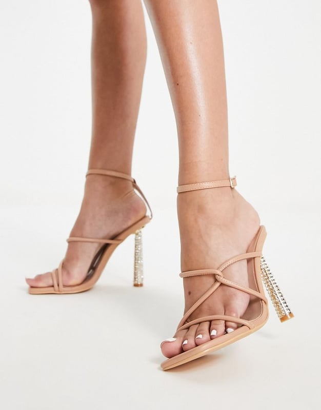 Glamorous embellished strappy heeled sandals in beige-Neutral