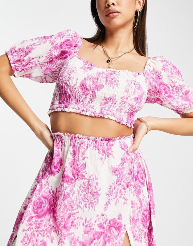 ASOS DESIGN milkmaid beach crop top co-ord in purple floral-Multi