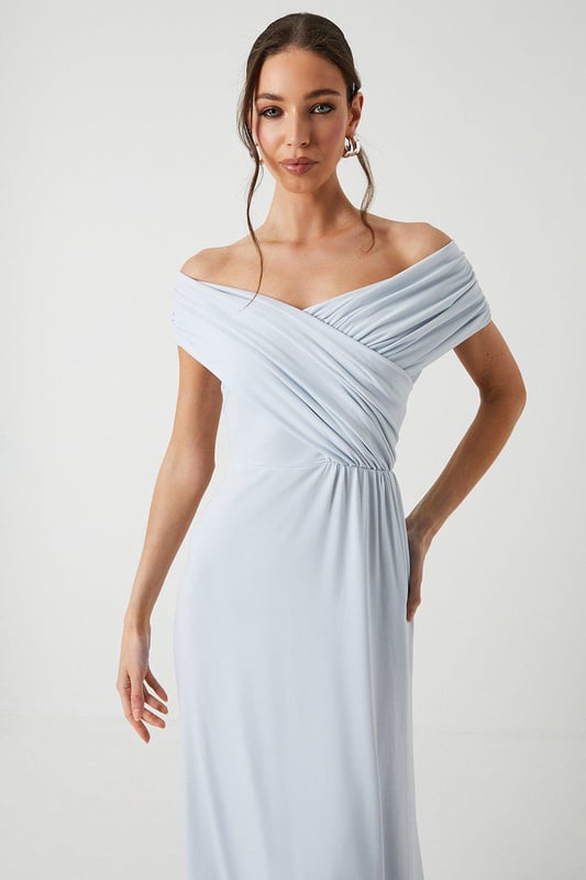 Ruched Bardot Fishtail Slinky Jersey Bridesmaids Maxi Dress