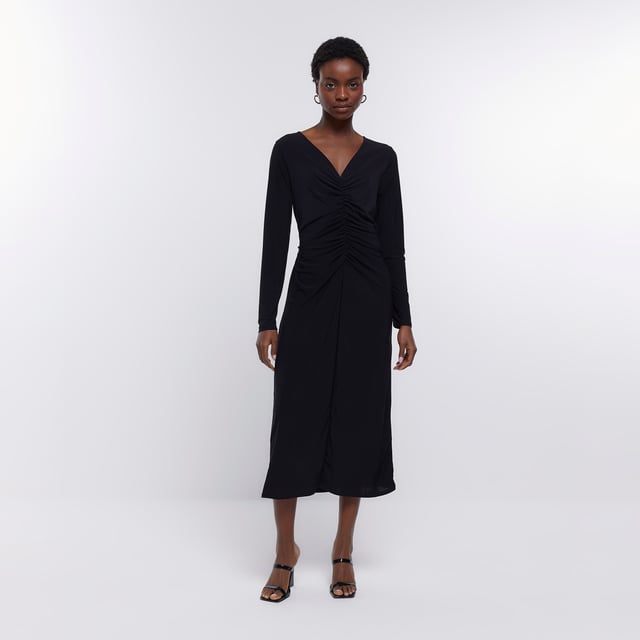 River Island Womens Bodycon Midi Dress Black Ruched