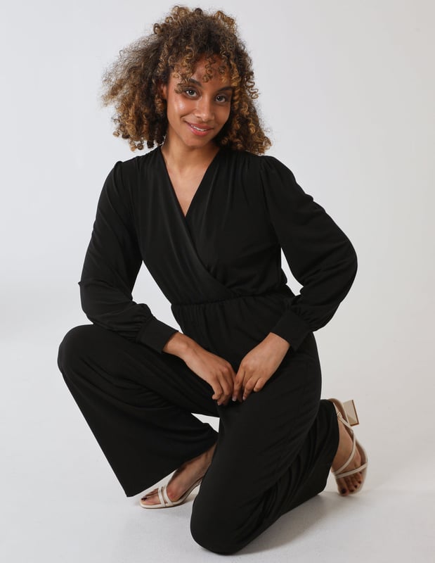 Elasticated Waist Crossover Long Sleeve Jumpsuit