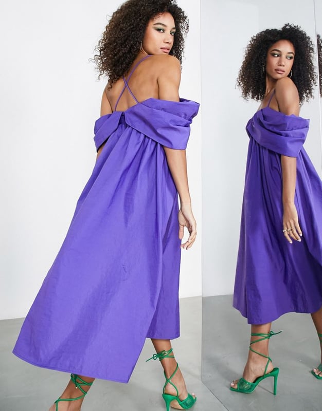 ASOS EDITION drape off shoulder cami midi dress in purple