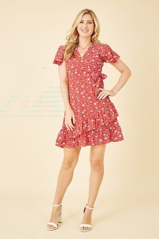 Red Ditsy Floral Wrap Frill Dress