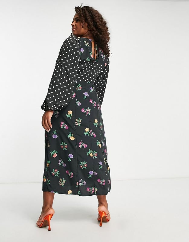 ASOS DESIGN Curve long sleeve midi dress in mixed floral spot print-Multi