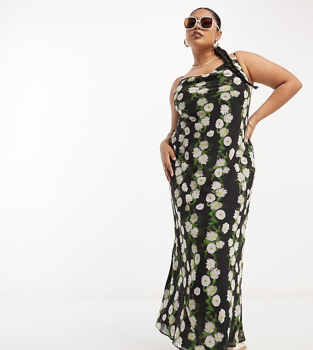 Asos Design Curve Chiffon Cowl Neck Midi Slip Dress In Blurred Floral