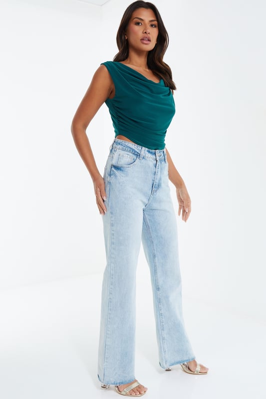 Teal Cowl Neck Crop Top