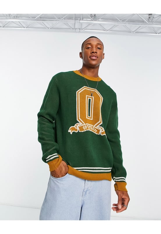ASOS DESIGN knitted relaxed fit jumper with collegiate print in green