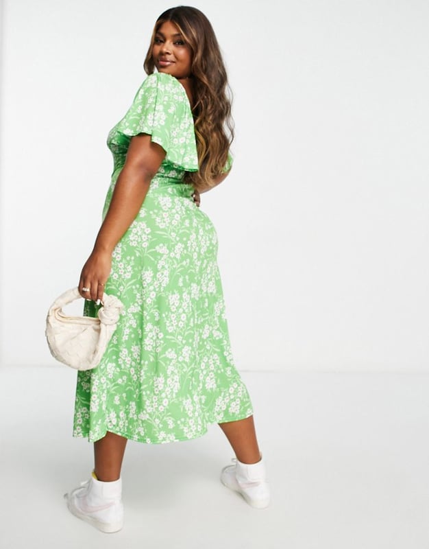 Asos Design Curve Flutter Sleeve Midi Tea Dress With Tie Detail In