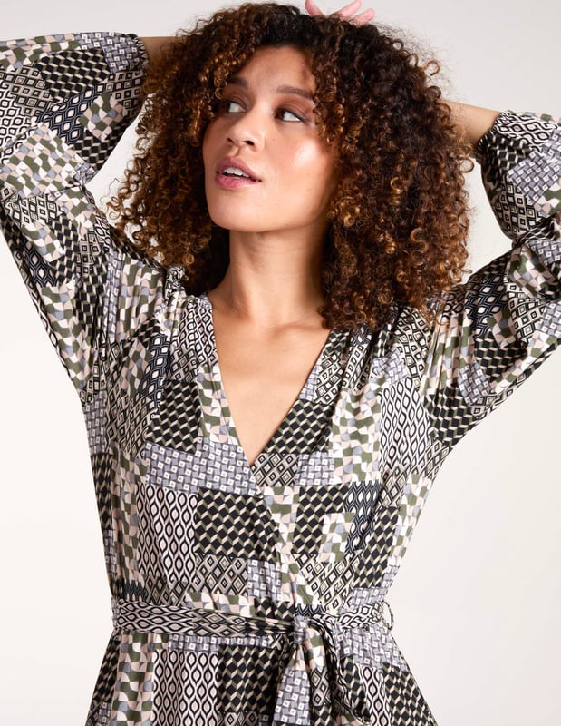 Geometric Wrap Front Belted Midi Dress