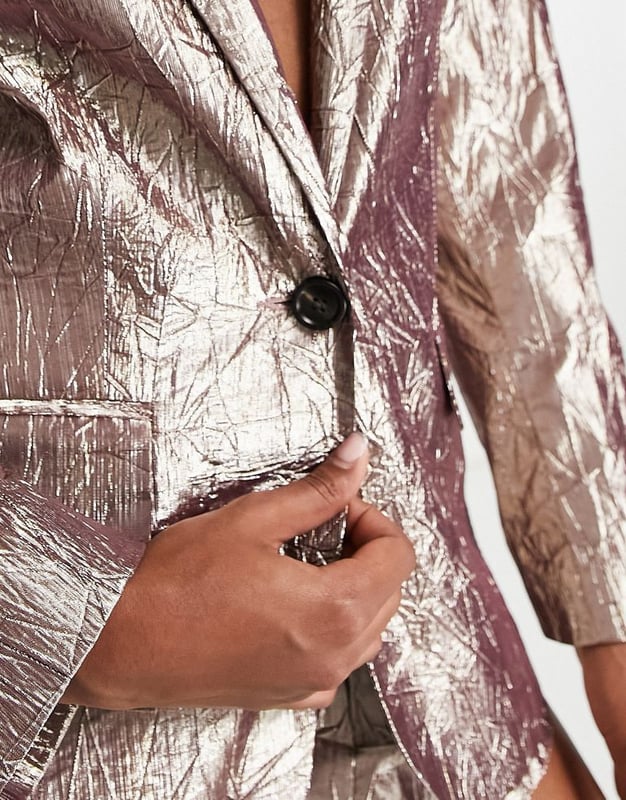 ASOS DESIGN metallic nipped waist suit blazer in silver