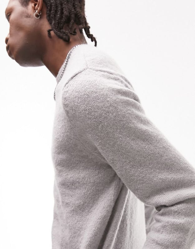 Topman brushed knitted crew neck jumper in light grey