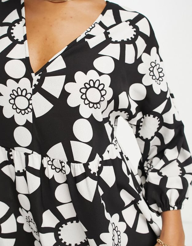 Asos Design Chuck On Smock Midi Dress In Mono Abstract Print Multi