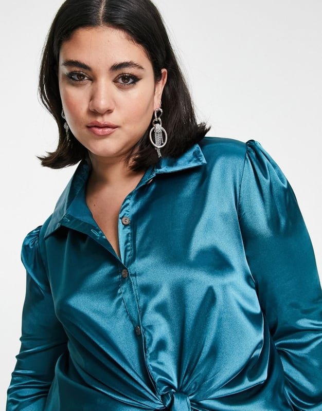 Urban Threads Plus satin tie front shirt dress in teal-Blue